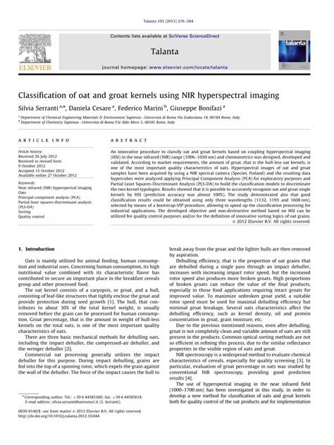 Pdf Classification Of Oat And Groat Kernels Using Nir Hyperspectral