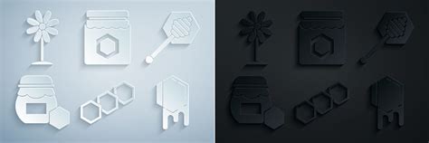 벌집 국자 스틱 꿀 항아리 및 꽃 아이콘을 설정합니다 벡터 0명에 대한 스톡 벡터 아트 및 기타 이미지 0명 3차원 형태 개념 Istock