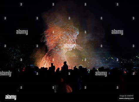 Crowds Watch As The Seven Metre High Con Mor The Giant Is On Display At The Macnas Halloween