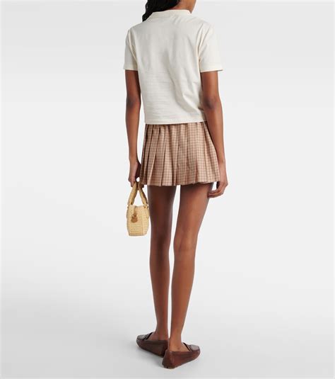 Logo Pleated Checked Cotton Miniskirt In Multicoloured Miu Miu Mytheresa