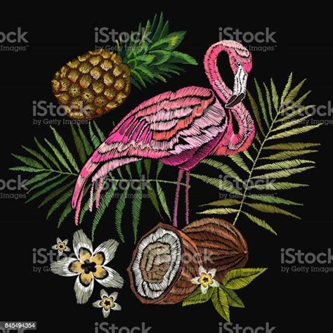 자 수 플라밍고 야자수 잎 파인애플 코코넛 열 대 예술 세련 된 자 수 핑크 플라밍고 열 대 여름 배경 옷의 디자인에 대 한 세련 된 템플릿 자수에 대한 스톡 벡터 아트 및