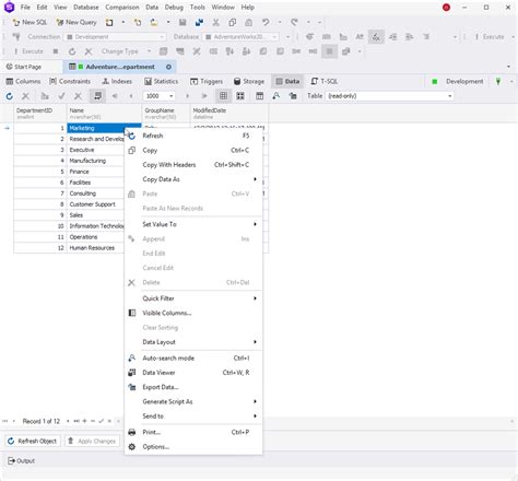 Table Editor Tab Data