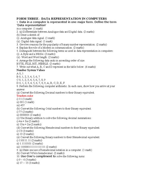 Data Representation And Computer Basics Questions For Course Code