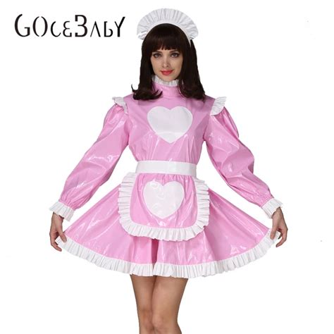 Gezwungen Sissy Mädchen Maid Herzförmigen Muster Abschließbare Rosa Kleid Kostüm Crossdress