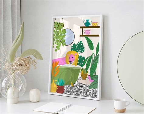Funny Bathroom Poster Colourful Pink Lion In Bath Print Trendy Art