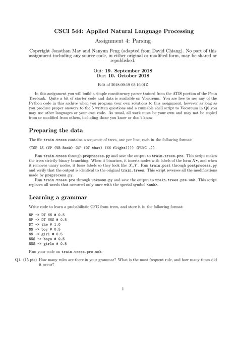 pdf csci 544 applied natural language processing assignment 4 parsing