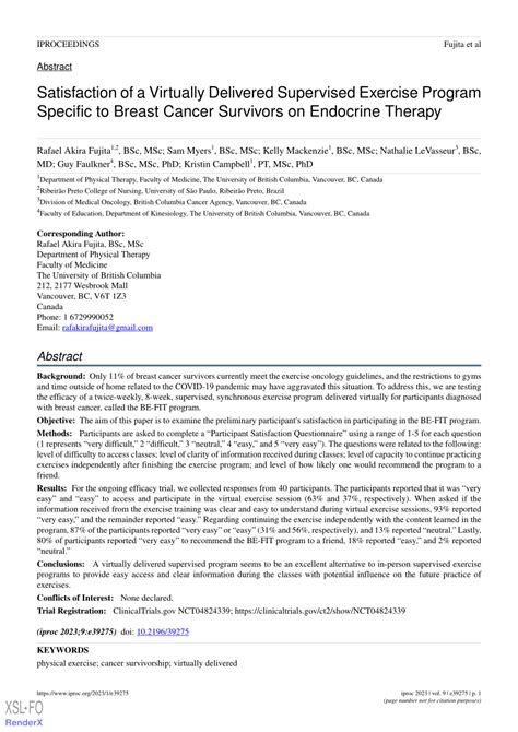Pdf Satisfaction Of A Virtually Delivered Supervised Exercise Program Specific To Breast
