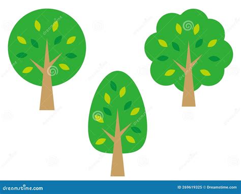 Three Simple Tree Icons Trees With Rounded Cloud Shaped And Triangular Leaves Cartoon Vector
