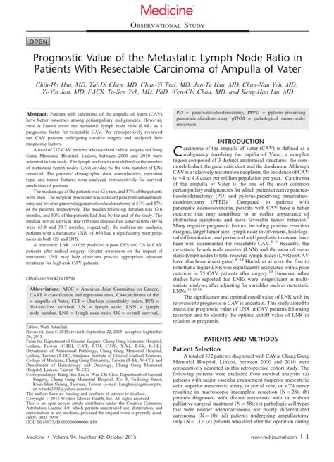 Pdf Prognostic Value Of The Metastatic Lymph Node Ratio In Patients
