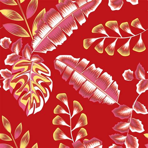 Summer Tropical Seamless Pattern With Red Abstract Plant Leaves And
