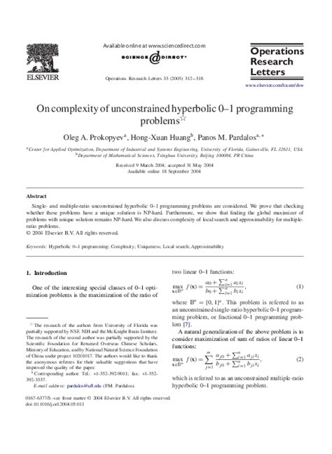 Pdf On Complexity Of Unconstrained Hyperbolic 01 Programming Problems