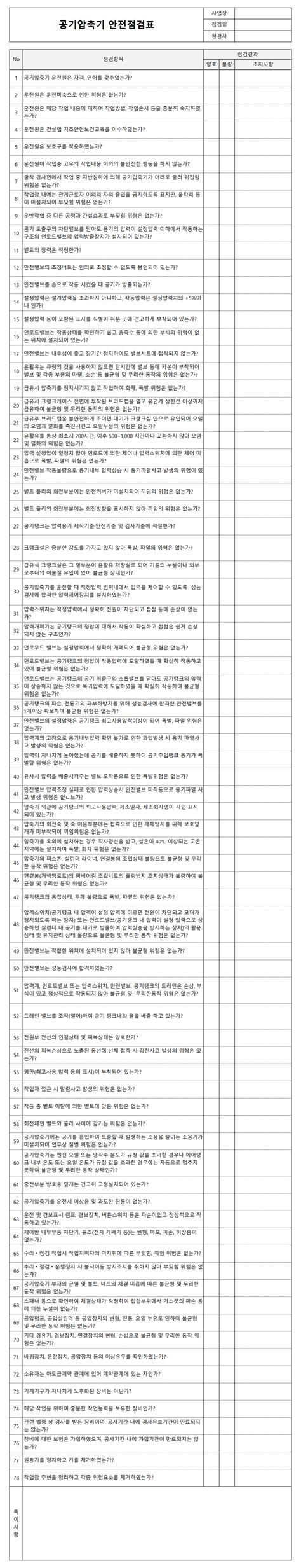 공기압축기 안전점검표