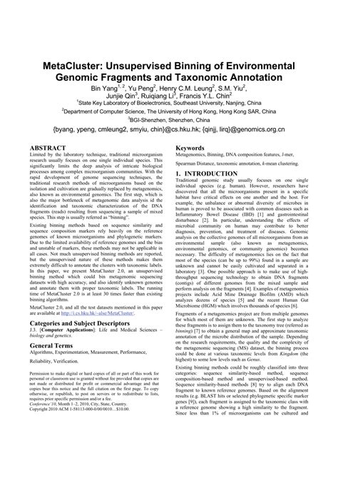 Pdf Metacluster Unsupervised Binning Of Environmental Genomic