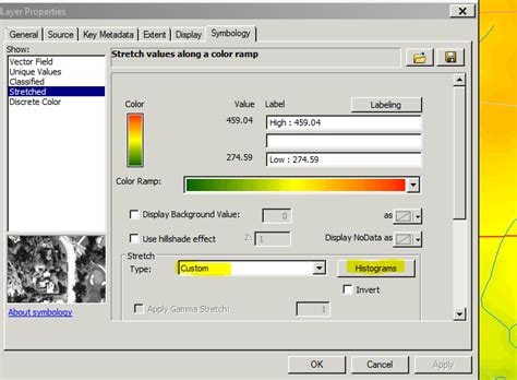 Arcgis Desktop Specifying Values In Stretched Raster Histograms Of Arcmap Geographic