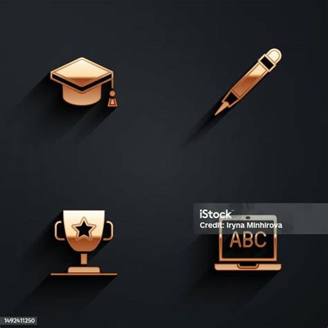 졸업 모자 지우개가 있는 연필 수상 컵 긴 그림자가 있는 노트북 아이콘을 설정합니다 벡터 1위에 대한 스톡 벡터 아트 및 기타