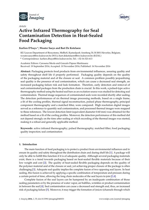 Pdf Active Infrared Thermography For Seal Contamination Detection In Heat Sealed Food Packaging