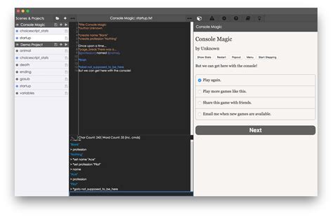 screenshots the choicescript ide
