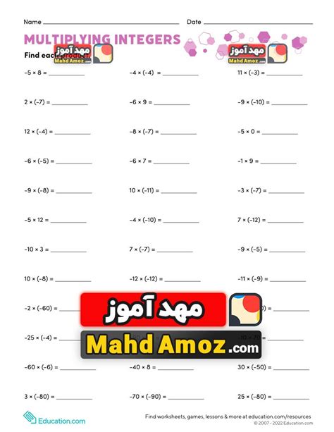کاربرگ Multiplying Integers — مهدآموز