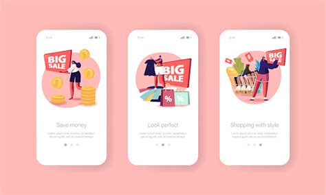 큰 판매 모바일 앱 페이지 온보드 화면 템플릿 할인된 가격으로 쇼핑하는 캐릭터 트롤리와 함께하는 쾌활한 쇼핑홀릭 쇼핑에 대한 스톡 벡터 아트 및 기타 이미지 Istock