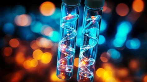Glowing Dna Strands In Test Tubes With Blue Light Reflection Concept Of Genetic Testing