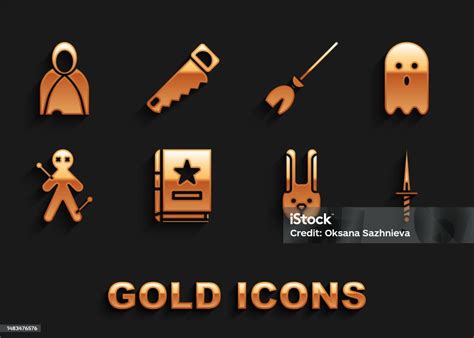 고대 마법 책 유령 단검 귀가 달린 토끼 부두 인형 마녀 빗자루 맨틀 망토 망토 및 손톱 아이콘을 설정하십시오 벡터 건강관리와 의술에 대한 스톡 벡터 아트 및 기타 이미지