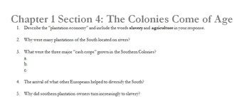 Chapter 1 Section 4 The Colonies Come Of Age By Social Science Summit
