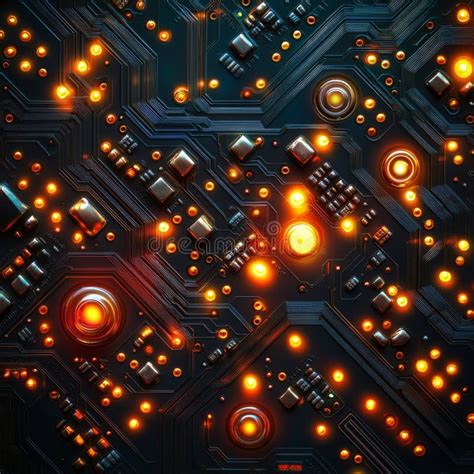 Glowing Circuit Board With Illuminated Components And Complex Pathways