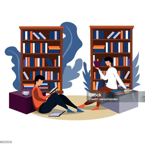 사람들은 도서관에 앉아 책을 읽습니다 플랫 스타일의 일러스트레이션 가정의 방에 대한 스톡 벡터 아트 및 기타 이미지 가정의