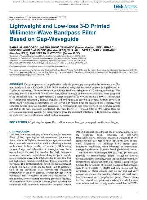 Pdf Lightweight And Low Loss 3 D Printed Millimeter Wave Bandpass Filter Based On Gap Waveguide