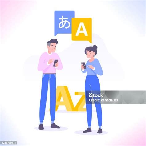 온라인 다국어 번역기 응용 프로그램 개념입니다 사람들 사이의 다국어 의사 소통 언어를 학습하기 위해 스마트 폰에서 번역 응용 프로그램을 사용하여 외국인 간의 대화 벡터