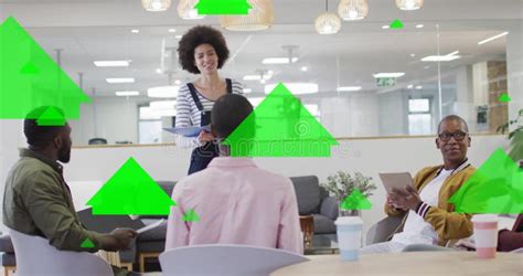 animation of green arrows processing over diverse business people in