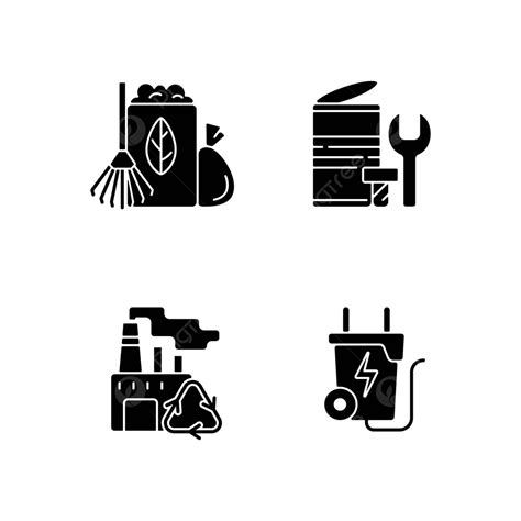Black Glyph Icons Set Depicting Environmental Concerns On A White