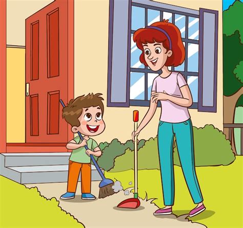 Madre E Hijo Limpiando La Casa Con Una Escoba Diseño Gráfico De