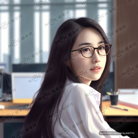 AI创作图一个长发飘飘戴着眼镜的美少女坐在漂亮办公桌前的正在面对看着我们nipic 昵图网