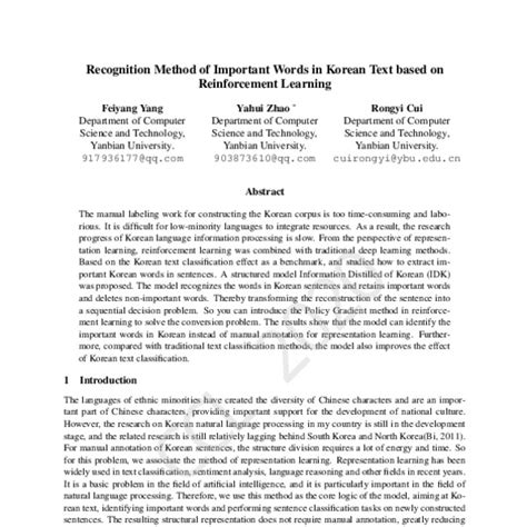Recognition Method Of Important Words In Korean Text Based On Reinforcement Learning Acl Anthology