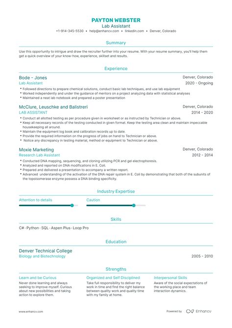 Top Lab Assistant Resume Examples Samples For 2023 Enhancv Com Layout Skills Keywords