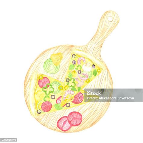손으로 그린 수채화 피자 토마토 피클 고추 올리브 나무 보드에 흰색 배경에 고립되어 있습니다 라벨 카드 스크랩북 및 기타 인쇄 제품에 사용할 수 있습니다 갈색에 대한 스톡