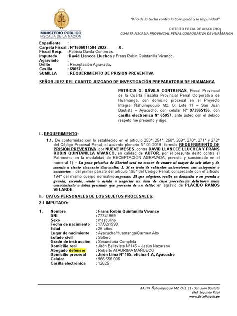 Requerimiento De Prision Preventiva Receptacion Agravado Conforme Al