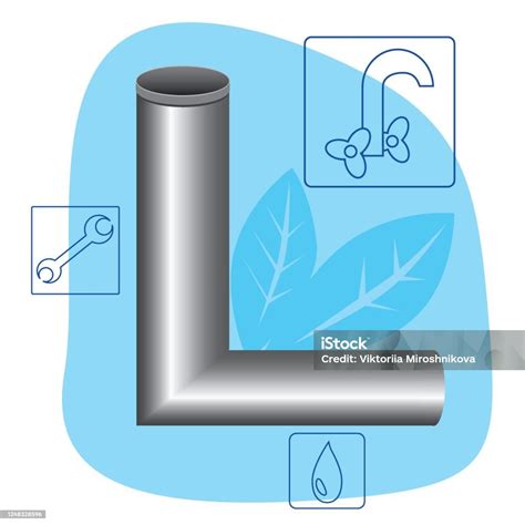 배관 서비스의 개념으로 구부러진 파이프 렌치 수도꼭지 및 물 방울 금속 하수및 잎이있는 플랫 스톡 벡터 일러스트레이션은 관리 및 신선도의 개념입니다 강철에 대한 스톡 벡터