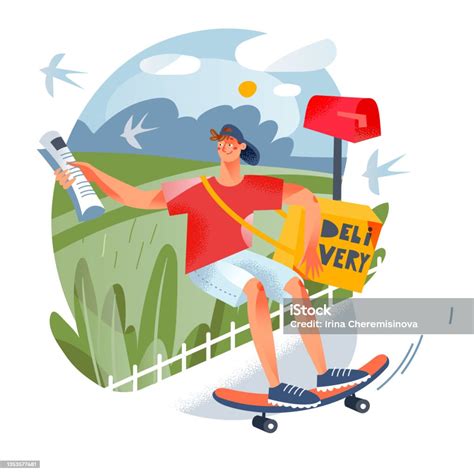배달 서비스 스케이트 보드를 사용하여 가방에 소포와 남자 택배 남자 스케이트 보드 스케이트보드에 대한 스톡 벡터 아트 및 기타 이미지 스케이트보드 스케이트보드 타기