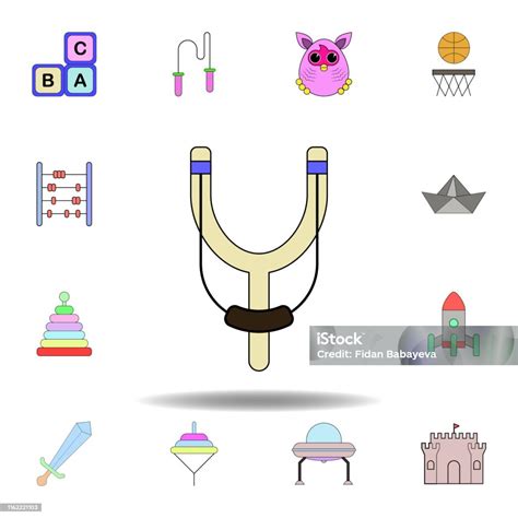 만화 새총 장난감 색깔 아이콘입니다 어린이 장난감 그림 아이콘의 집합입니다 기호는 웹 로고 모바일 앱 Ui Ux에 사용할 수