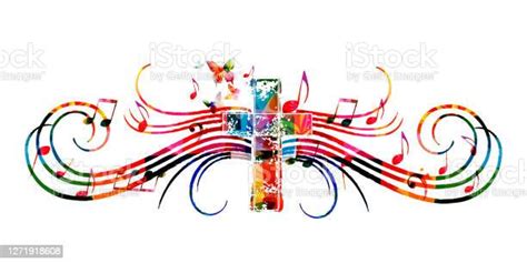 음악 노트 고립 된 벡터 일러스트와 다채로운 기독교 십자가 종교는 배경을 테마로 했다 복음 교회 음악 합창단 노래 콘서트 축제 기독교 기도를위한 디자인 음악에 대한 스톡