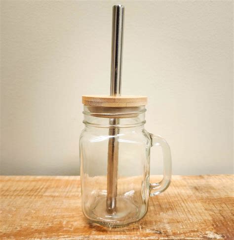 16 Oz Mason Jar Mug W Handle Bamboo Lid And Steel Straw