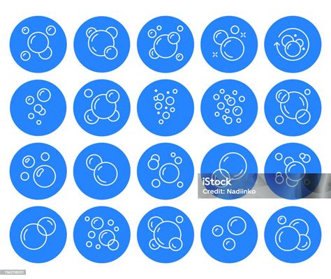 플랫 라인 아이콘을 버블로 설정합니다 비누 거품 탄산 음료 산소 거품 그림 발포 효과 벡터 일러스트레이션 윤곽 원 표지판 비누 거품에 대한 스톡 벡터 아트 및 기타 이미지