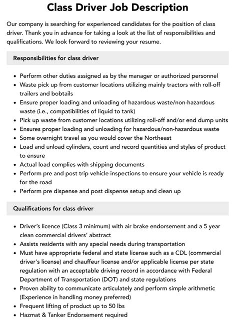 Class Driver Job Description Velvet Jobs