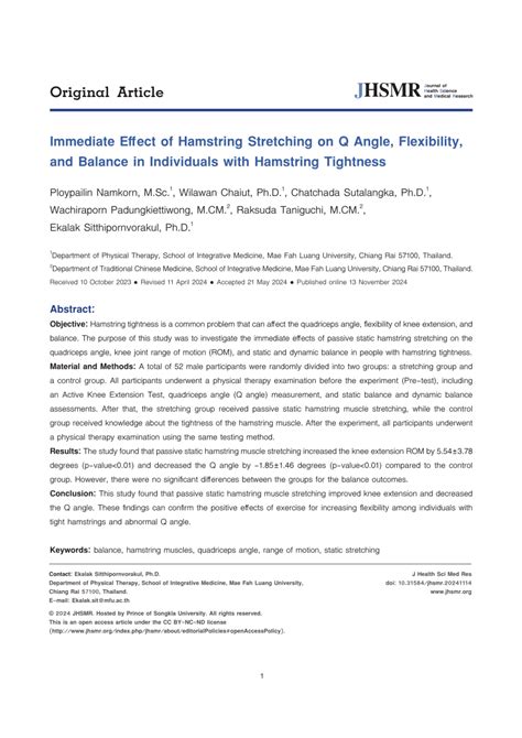 Pdf Immediate Effect Of Hamstring Stretching On Q Angle Flexibility And Balance In