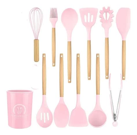 Juego Utensilios De Cocina Rosa Madera De Silicona 12 Pzs Color Rosa