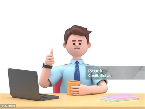 웃고 있는 아시아 남자 펠릭스의 3d 삽화 행복하고 활기찬 여자가 직장에서 컴퓨터 작업을 하고3d 흰색 배경에 렌더링한다 가공의 인물에 대한 스톡 사진 및 기타 이미지