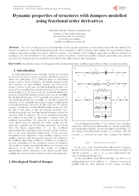 Pdf Dynamic Properties Of Structures With Dampers Modelled Using Fractional Order Derivatives