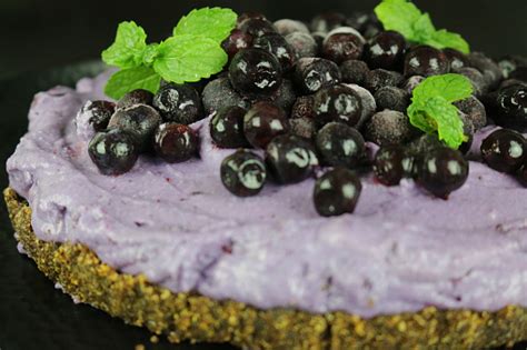 어두운 배경에 버터 비스킷 베이스와 블루 베리 치즈 케이크의 클로즈업 이미지 블루 베리 마스카포네 크림 치즈 디저트 푸딩 신선한 블루 베리와 민트 잎 장식을 얹어 0명에